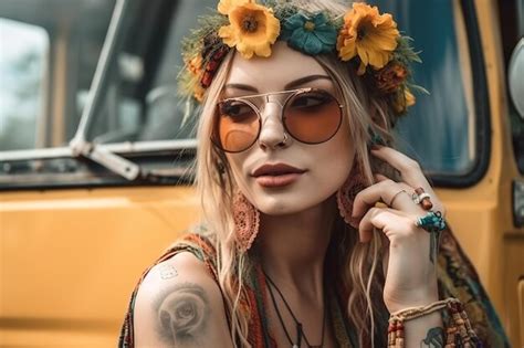 Premium Ai Image A Woman Wearing A Flowered Headband And Sunglasses