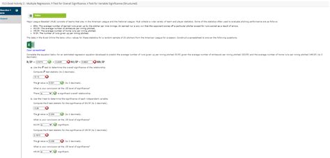 Solved 155 Excel Activity 2 Multiple Regression F Test