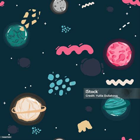 惑星と星とのスペースシームレスパターン落書き漫画かわいい土星の惑星子供のためのスペースベクトルの背景 妖精のベクターアート素材や画像を多数