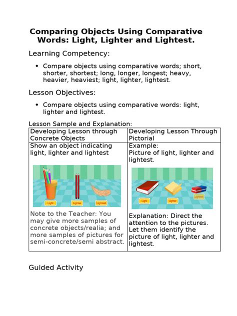 G1 Compares Objects Using Comparative Words Light Lighter Lightest