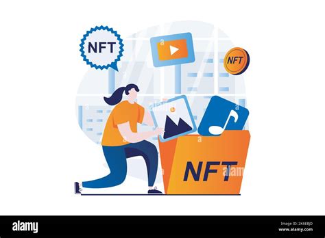 NFT Token Concept With People Scene In Flat Cartoon Design Woman