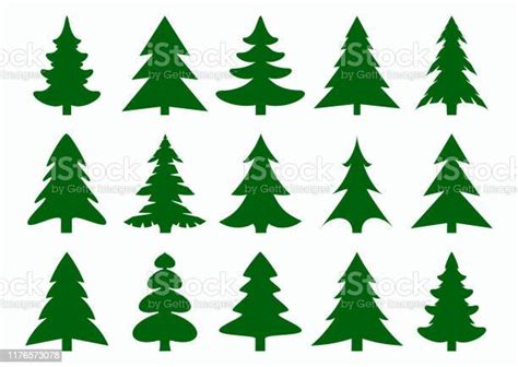 Ensemble De Sapins Verts Et De Pins Silhouettes Isolées Sur Le Fond