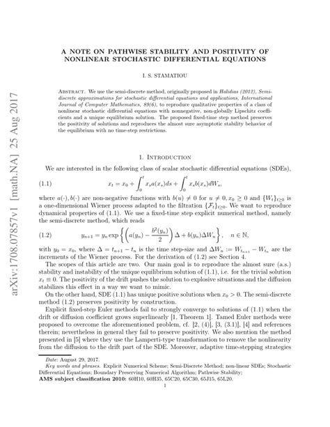 PDF A Note On Pathwise Stability And Positivity Of Nonlinear Stochastic Differential Equations