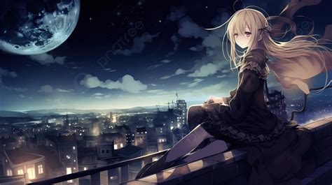 Anime Girl Sitting On A Ledge Looking Out At The Full Moon Background