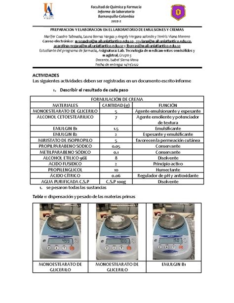 Preparacion Y Elaboracion EN EL Laboratorio DE Emulsiones Y Cremas PREPARACION Y ELABORACION
