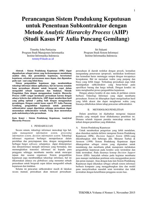 PDF Perancangan Sistem Pendukung Keputusan Untuk Penentuan Subkontraktor Dengan Metode