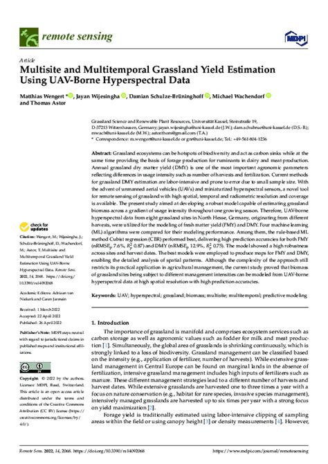 Pdf Multisite And Multitemporal Grassland Yield Estimation Using Uav Borne Hyperspectral Data
