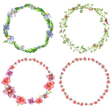 Premium Photo Set Of Four Floral Watercolor Wreaths Bright Light