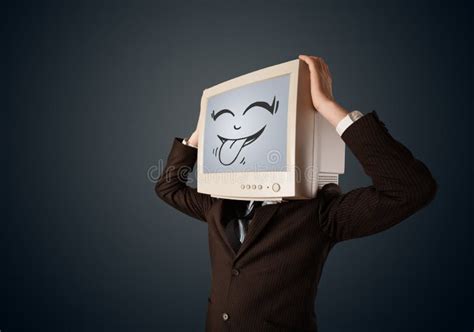 Happy Business Man With A Computer Monitor And A Smiley Face Stock Image Image Of Caricature
