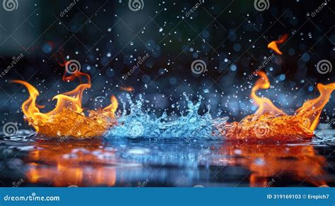 A Depiction Of Fire And Water Colliding Against A Dark Backdrop Stock