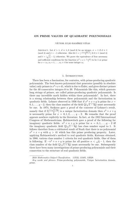 Pdf On Prime Values Of Quadratic Polynomials