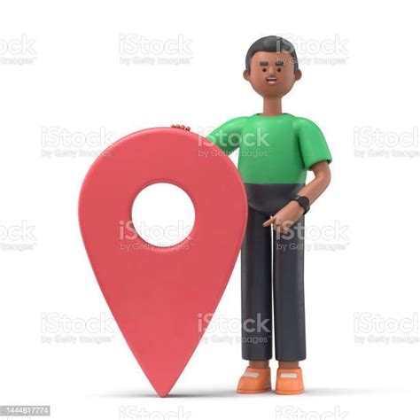 관심 지점에 있는 잘생긴 아프리카 남자 David의 3d 그림 관심 지점 Gps 개념입니다 흰색 배경에 3d 렌더링 가공의