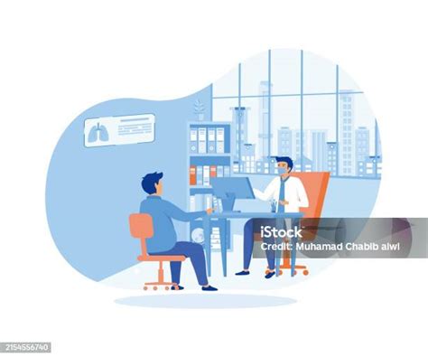 상담 남자 환자에 있는 의사 모니터가 있는 책상에 앉아 있는 물리학자 가족 치료사 건강 관리 클리닉 작업 공간 개념 플랫 벡터 현대 일러스트 레이 션 가족에 대한 스톡 벡터