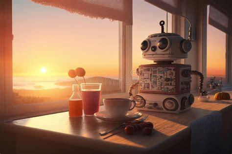 Chatbot Robot Making Breakfast In Crocheted Kitchen With View Of