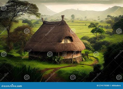 Traditional Thatched House With View Of Rolling Hills Surrounded By