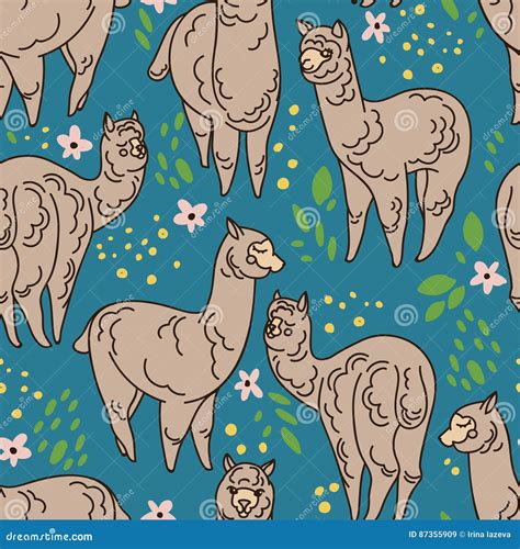 Seamless Pattern With Cute Doodle Alapaca And Flowers Stock Vector Illustration Of Sweet