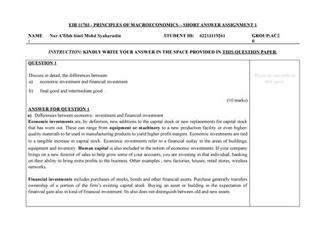 Short Answer Assignment 1 Eib 11703 Principles Of Macroeconomics