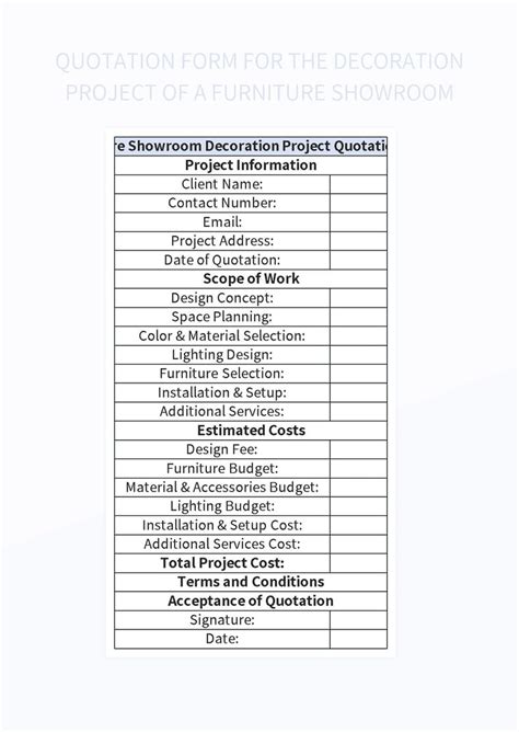 Quotation Form For The Decoration Project Of A Furniture Showroom Excel