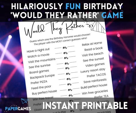 Would You Rather Birthday Game Printable Party Game Adult Games Birthday Party Game For Adults