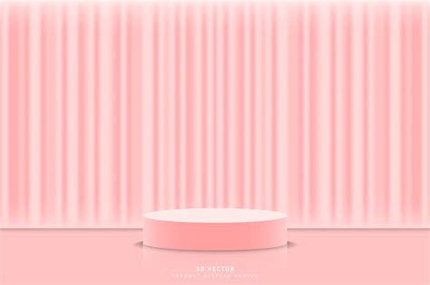 추상적인 3d 분홍색 실린더 연단 받침대 무대는 호화로운 커튼 배경으로 현실적이다 쇼 제품 모형 또는 템플릿을 위한 무대 3d 벡터 렌더링 제품 배치 또는 홍보를 위한
