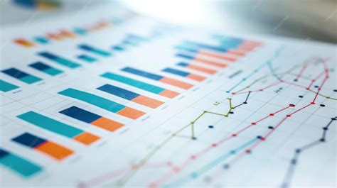 Closeup Of Printed Data Charts Including Bar Graphs Line Graphs And Pie