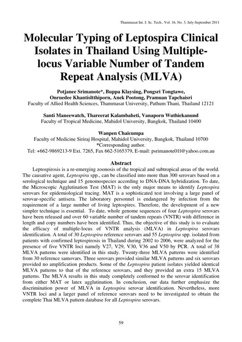 Pdf Molecular Typing Of Leptospira Clinical Isolates In Thailand Using Multiplelocus Variable