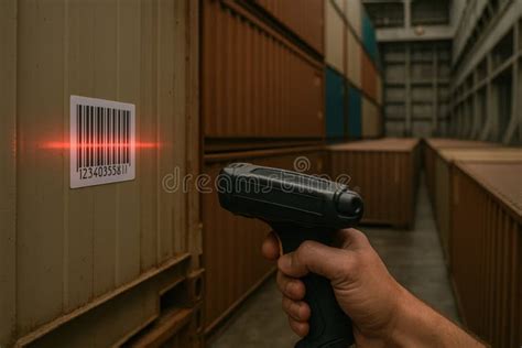Handheld Scanner Scanning Barcode On Shipping Container In Warehouse