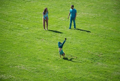Vista Aérea De La Familia Feliz En La Marcha De Verano Padre Madre E