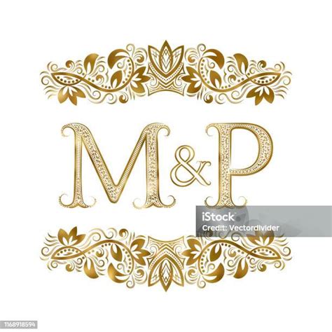 M 과 P 빈티지 이퍼트 기호입니다 편지는 장식 요소로 둘러싸여 있습니다 결혼식 또는 비즈니스 파트너 로얄 스타일의 모노그램 모노그램에 대한 스톡 벡터 아트 및 기타 이미지