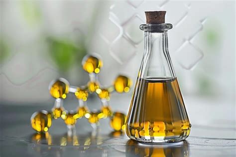 Premium Photo Laboratory Flask With Golden Liquid And Molecular