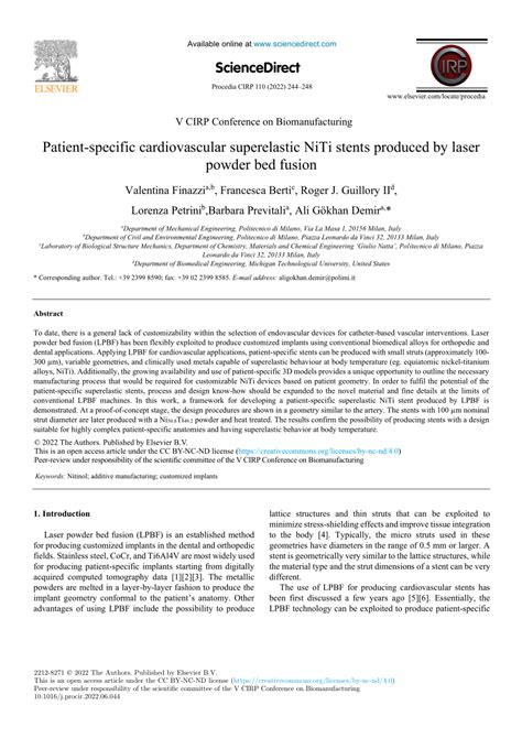 PDF Patient Specific Cardiovascular Superelastic NiTi Stents Produced