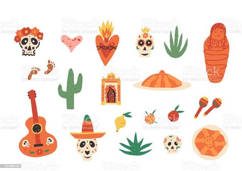 Dia De Los Muertos 또는 Day Of The Dead 벡터 클립 아트 컬렉션 신성한 마음 팬 드 무에르토 빵 설탕