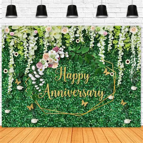 Happy Anniversary Backdrop Green Grass Floral Banner Cheers To Wedding