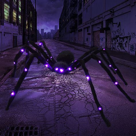 4Ft Giant Spiders Halloween Realistic Black Hairy Spiders With Purple
