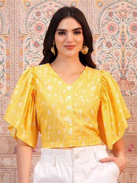 Buy Vishudh Yellow Floral Printed V Neck Flared Sleeve Crop Top Tops