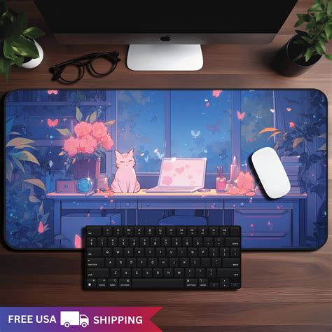 Cute Lo Fi Desk Mat Japanese Art Mousepad Kawaii Anime Cat Vibrant