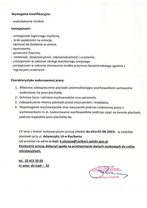 Ogłoszenie o naborze na wolne stanowisko strażnika w ZPiSdN w Raciborzu r Zakład