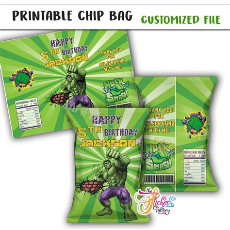 Printable Chip Bag File Custom Hulk Superheroes Personalized Chip Bag