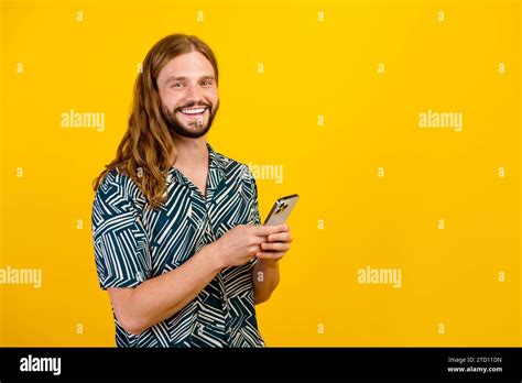 Photo Of Attractive Funky Man Dressed Print Shirt Texting Instagram