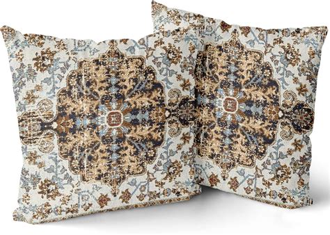 Tan Blue Brown Ethnic Boho Throw Pillow Covers 20x20 Inch Bohemian