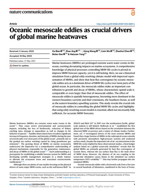 Pdf Oceanic Mesoscale Eddies As Crucial Drivers Of Global Marine