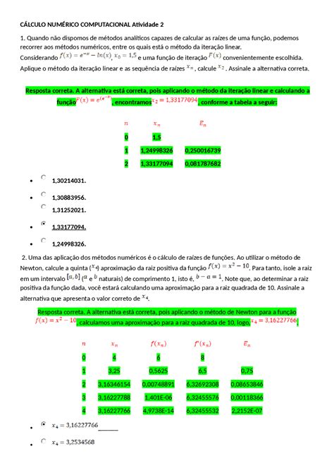 CÁlculo NumÉrico Computacional Atividade 2 Exercícios Cálculo