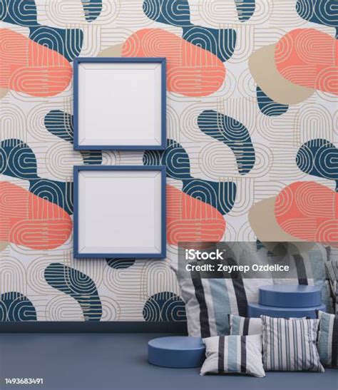 포스터와 제품 진열장을 위한 화려한 실내 공간에 벽에 짙은 파란색의 두 개의 정사각형 액자 3d 렌더링 0명에 대한 스톡 사진 및 기타 이미지 Istock