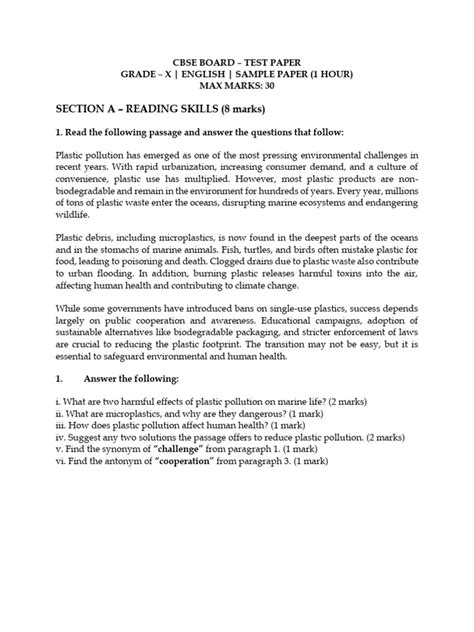 Cbse Test Paper Sample 1 Class X Pdf Plastic Pollution