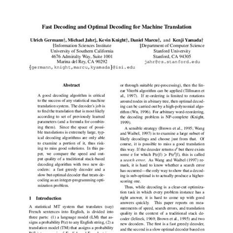 Fast Decoding And Optimal Decoding For Machine Translation Acl Anthology