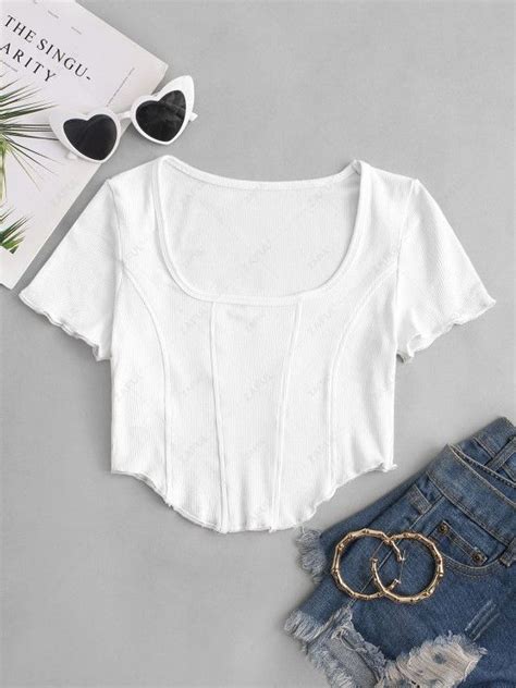 Square Collar Rib Knit Curved Hem Corset Top In White Zaful 2024