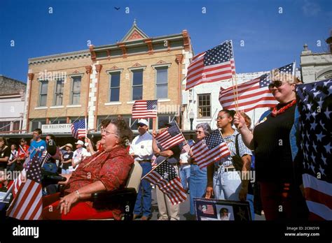 Georgetown Texas Usa April 2003 American Flag Waving Crowd Attends Support The Troops Rally