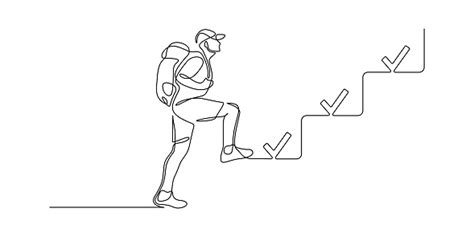 남자는 하나의 연속적인 선화로 계단을 오른다 단순한 선형 스타일로 경력 성공과 목표 달성을 상징하는 개념입니다 리더십 개발 편집 가능한 스트로크 낙서 벡터 일러스트 레이 션
