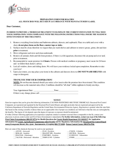 Fillable Online Preparation Form For Roaches Fax Email Print Pdffiller