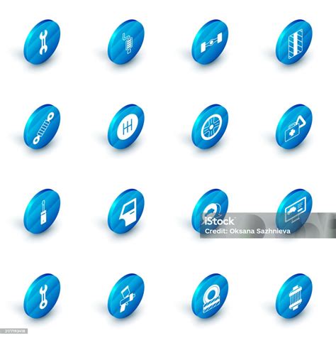 자동차 머플러 섀시 자동차 타이어 휠 쇼크 업소버 스크루 드라이버 기어 시프터 응급 처치 키트 및 경고 삼각형 및 합금 아이콘을 설정합니다 벡터 3차원 형태에 대한 스톡